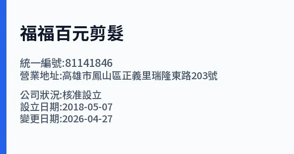 福福百元剪髮的照片-統編 81141846(高雄市) 公司登記資料與營業項目詳細圖表