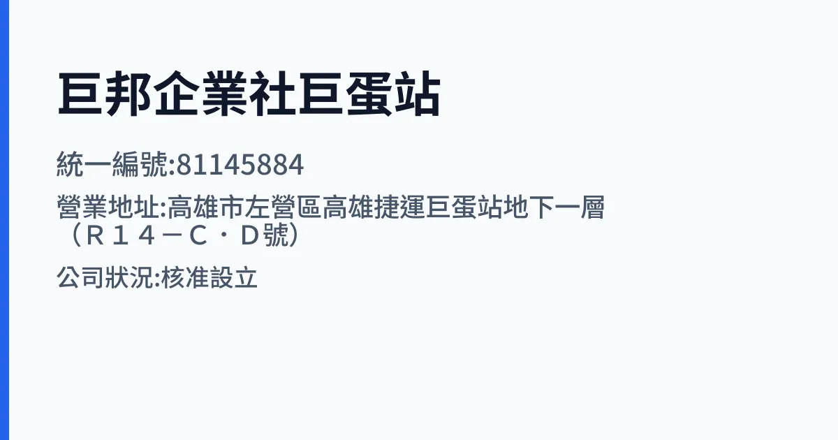 巨邦企業社巨蛋站 - 統編 81145884(高雄市) 公司登記資料與營業項目詳細圖表
