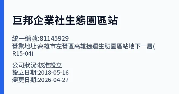 巨邦企業社生態園區站的照片-統編 81145929(高雄市) 公司登記資料與營業項目詳細圖表