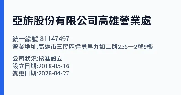 亞旂股份有限公司高雄營業處的照片-統編 81147497(高雄市) 公司登記資料與營業項目詳細圖表