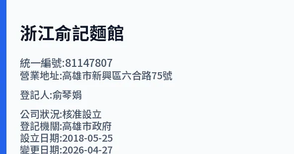 浙江俞記麵館的照片-統編 81147807(高雄市) 公司登記資料與營業項目詳細圖表