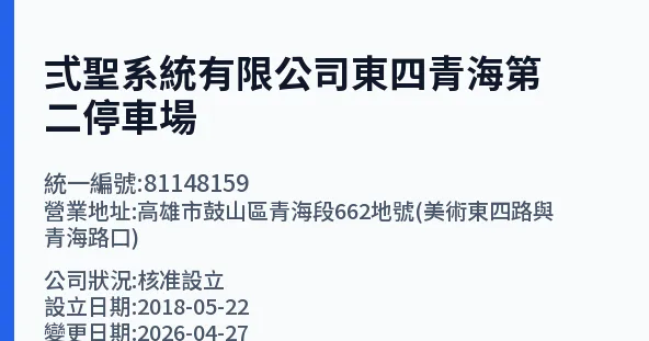 弍聖系統有限公司東四青海第二停車場的照片-統編 81148159(高雄市) 公司登記資料與營業項目詳細圖表