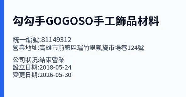 勾勾手GOGOSO手工飾品材料的照片-統編 81149312(高雄市) 公司登記資料與營業項目詳細圖表