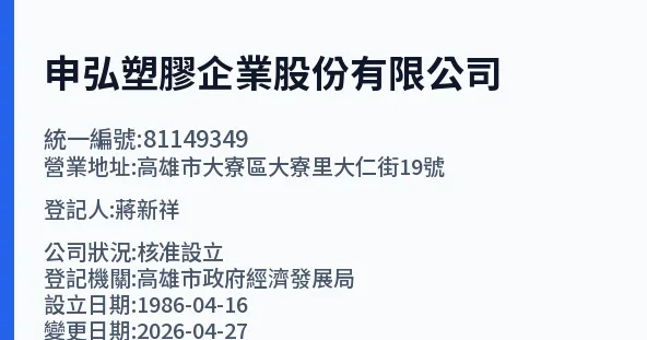 申弘塑膠企業股份有限公司的照片-統編 81149349(高雄市) 公司登記資料與營業項目詳細圖表