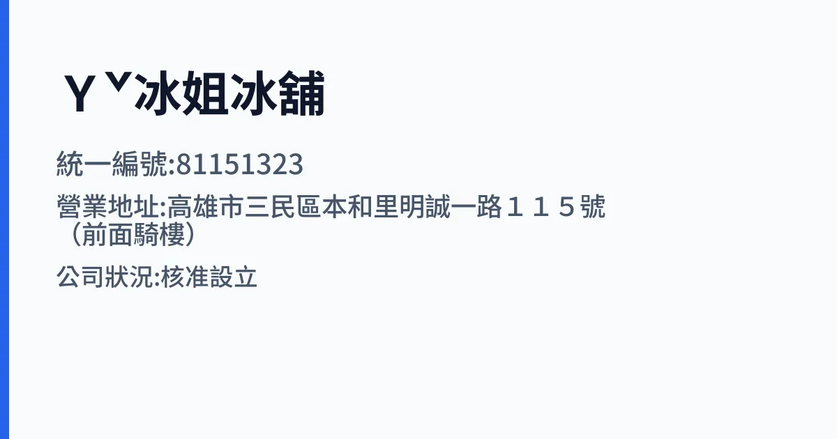 Ｙˇ冰姐冰舖 - 統編 81151323(高雄市) 公司登記資料與營業項目詳細圖表