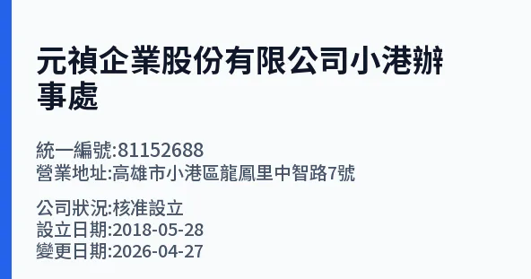 元禎企業股份有限公司小港辦事處的照片-統編 81152688(高雄市) 公司登記資料與營業項目詳細圖表