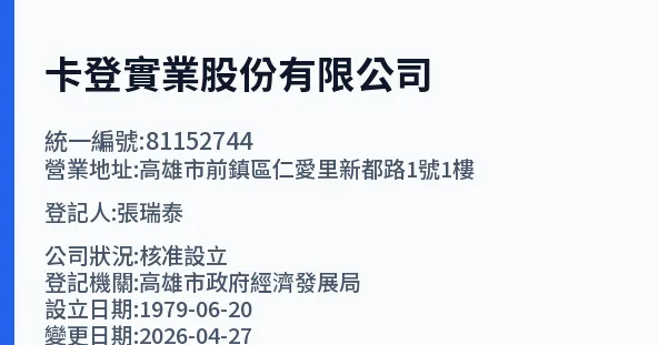 卡登實業股份有限公司的照片-統編 81152744(高雄市) 公司登記資料與營業項目詳細圖表