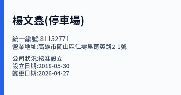 楊文鑫(停車場)的照片-統編 81152771(高雄市) 公司登記資料與營業項目詳細圖表