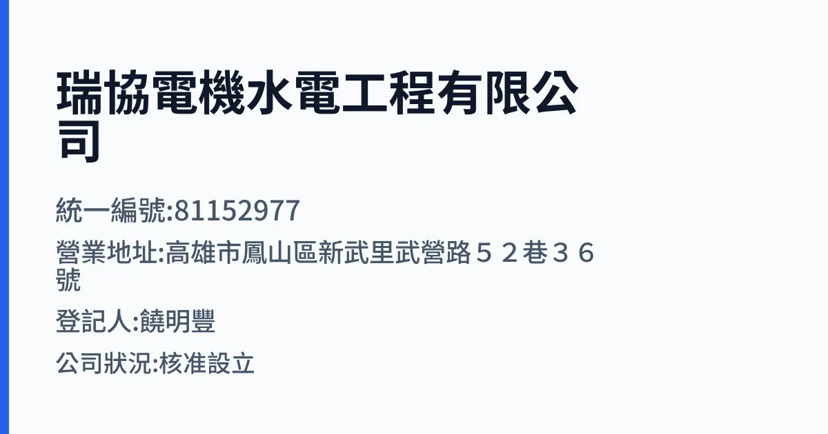 瑞協電機水電工程有限公司 - 統編 81152977(高雄市) 公司登記資料與營業項目詳細圖表