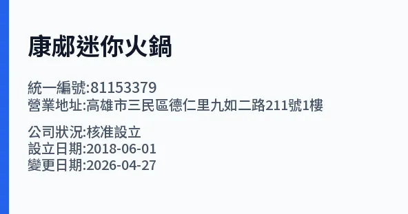 康郕迷你火鍋的照片-統編 81153379(高雄市) 公司登記資料與營業項目詳細圖表