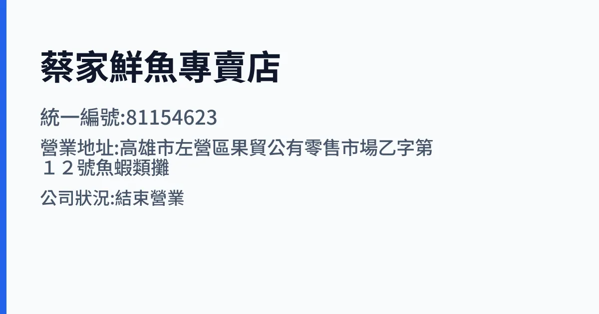 蔡家鮮魚專賣店 - 統編 81154623(高雄市) 公司登記資料與營業項目詳細圖表