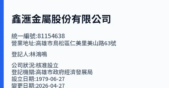 鑫滙金屬股份有限公司的照片-統編 81154638(高雄市) 公司登記資料與營業項目詳細圖表