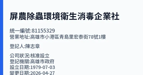 屏農除蟲環境衛生消毒企業社的照片-統編 81155329(高雄市) 公司登記資料與營業項目詳細圖表