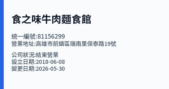 食之味牛肉麵食館的照片-統編 81156299(高雄市) 公司登記資料與營業項目詳細圖表