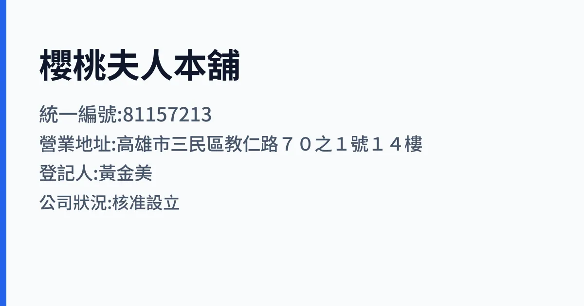 櫻桃夫人本舖 - 統編 81157213(高雄市) 公司登記資料與營業項目詳細圖表
