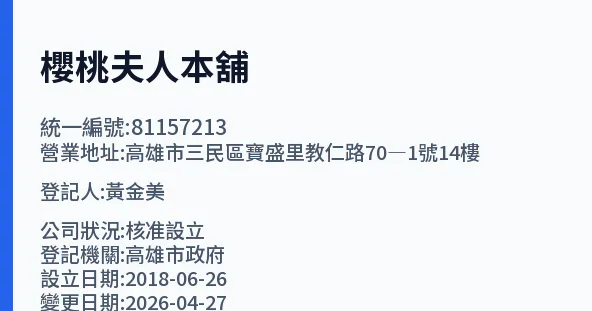 櫻桃夫人本舖的照片-統編 81157213(高雄市) 公司登記資料與營業項目詳細圖表
