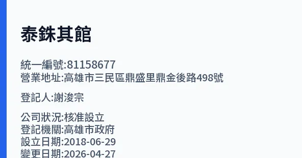 泰銖其館的照片-統編 81158677(高雄市) 公司登記資料與營業項目詳細圖表