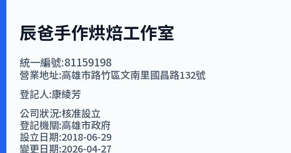 辰爸手作烘焙工作室的照片-統編 81159198(高雄市) 公司登記資料與營業項目詳細圖表
