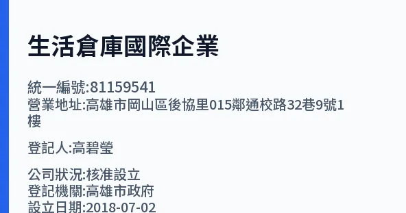 生活倉庫國際企業的照片-統編 81159541(高雄市) 公司登記資料與營業項目詳細圖表