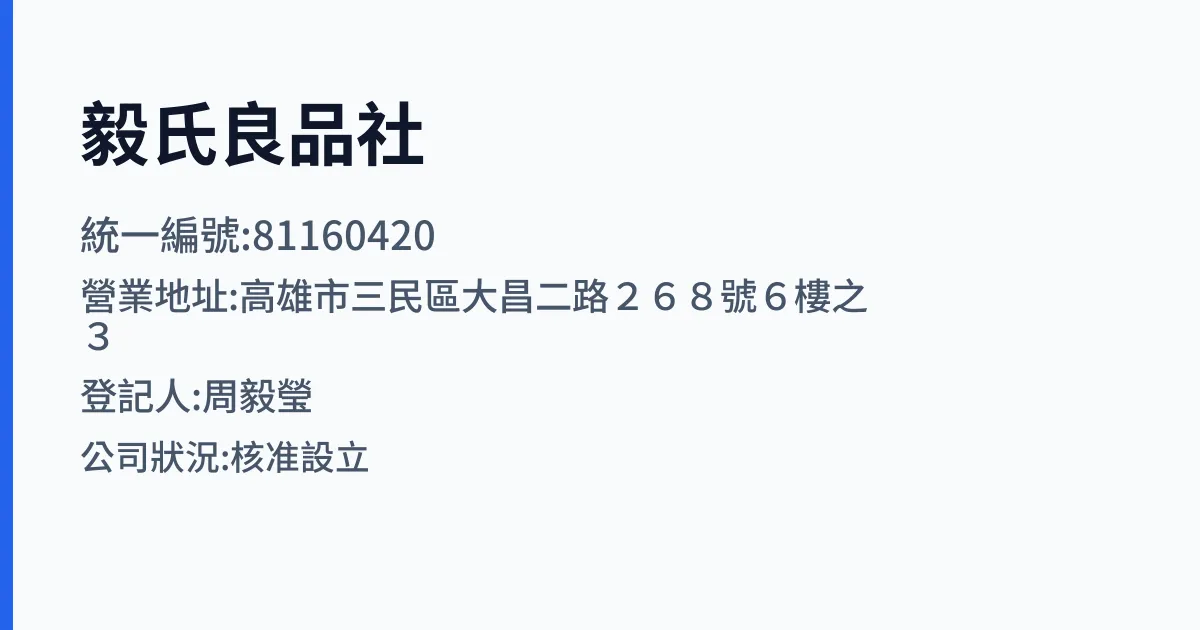 毅氏良品社 - 統編 81160420(高雄市) 公司登記資料與營業項目詳細圖表