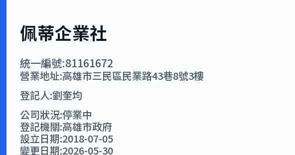 佩蒂企業社的照片-統編 81161672(高雄市) 公司登記資料與營業項目詳細圖表