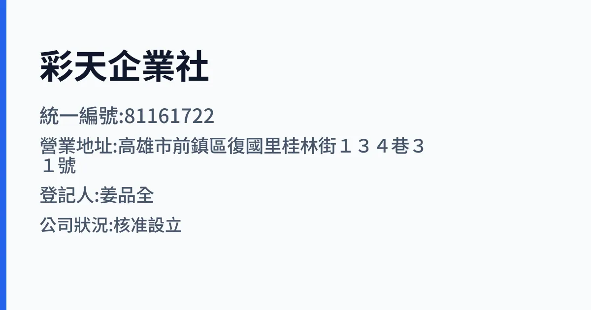 彩天企業社 - 統編 81161722(高雄市) 公司登記資料與營業項目詳細圖表