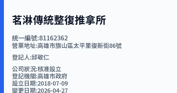 茗淋傳統整復推拿所的照片-統編 81162362(高雄市) 公司登記資料與營業項目詳細圖表