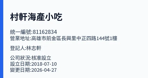 村軒海產小吃的照片-統編 81162834(高雄市) 公司登記資料與營業項目詳細圖表