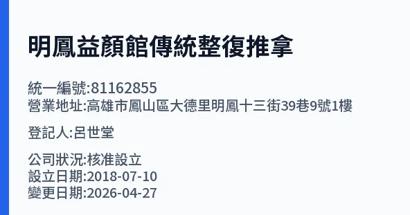 明鳳益顏館傳統整復推拿的照片-統編 81162855(高雄市) 公司登記資料與營業項目詳細圖表