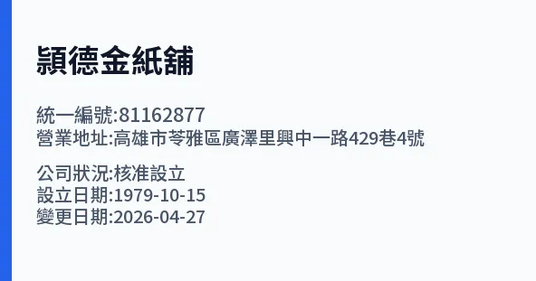頴德金紙舖的照片-統編 81162877(高雄市) 公司登記資料與營業項目詳細圖表