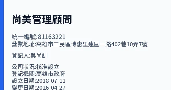 尚美管理顧問的照片-統編 81163221(高雄市) 公司登記資料與營業項目詳細圖表