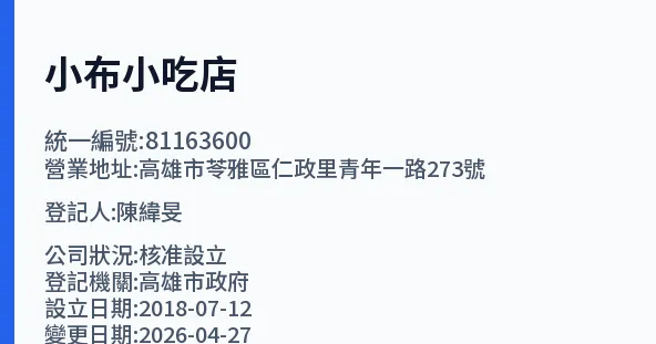 小布小吃店的照片-統編 81163600(高雄市) 公司登記資料與營業項目詳細圖表