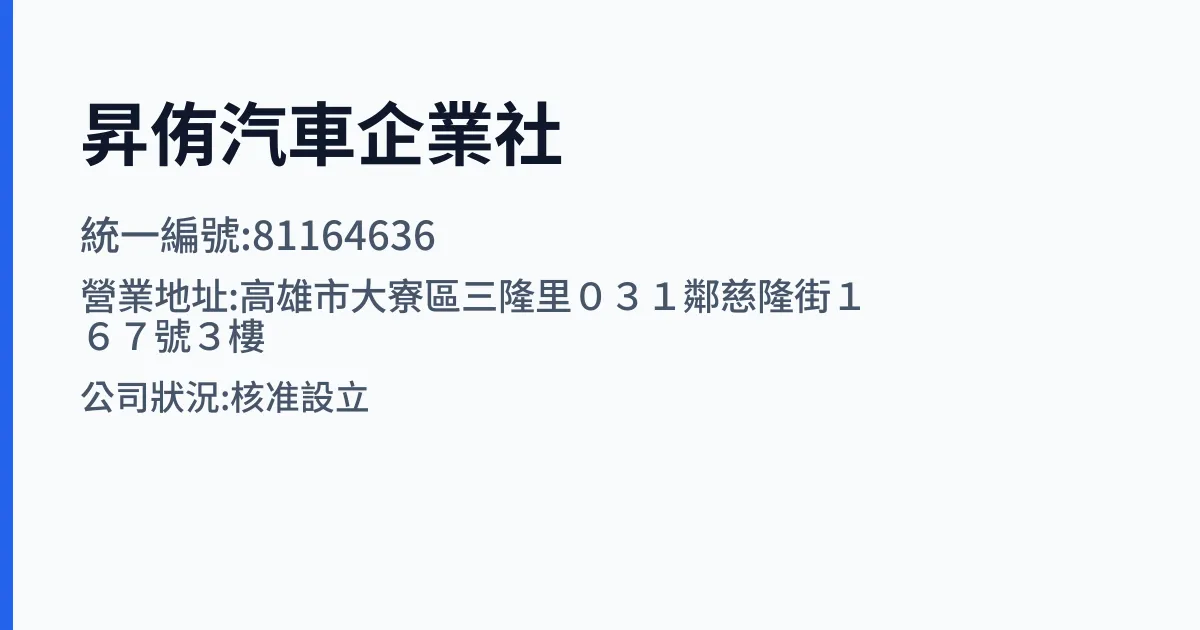 昇侑汽車企業社 - 統編 81164636(高雄市) 公司登記資料與營業項目詳細圖表