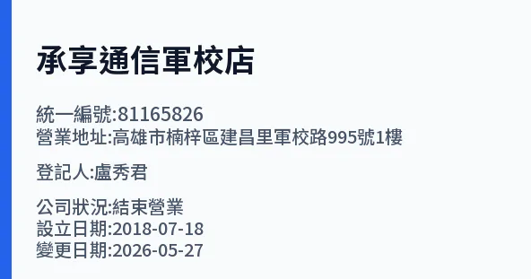承享通信軍校店的照片-統編 81165826(高雄市) 公司登記資料與營業項目詳細圖表