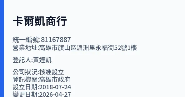 卡爾凱商行的照片-統編 81167887(高雄市) 公司登記資料與營業項目詳細圖表