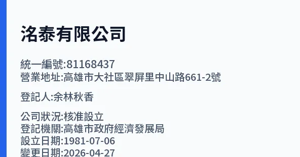洺泰有限公司的照片-統編 81168437(高雄市) 公司登記資料與營業項目詳細圖表