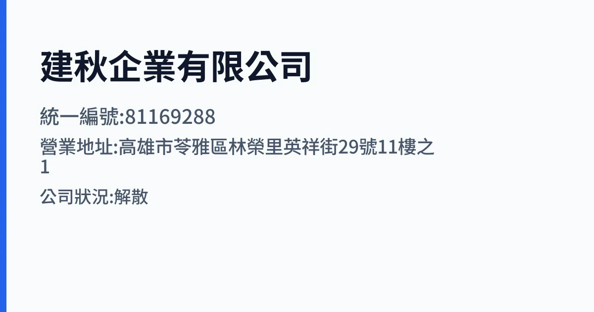 建秋企業有限公司 - 統編 81169288(高雄市) 公司登記資料與營業項目詳細圖表