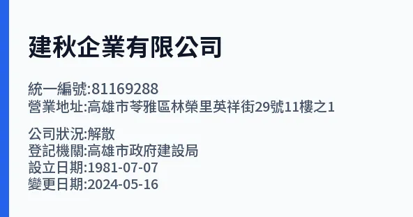 建秋企業有限公司的照片-統編 81169288(高雄市) 公司登記資料與營業項目詳細圖表