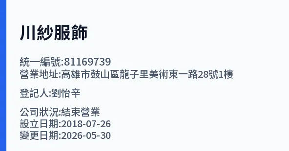 川紗服飾的照片-統編 81169739(高雄市) 公司登記資料與營業項目詳細圖表