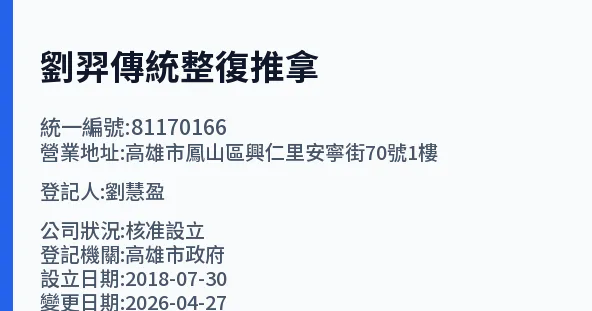 劉羿傳統整復推拿的照片-統編 81170166(高雄市) 公司登記資料與營業項目詳細圖表