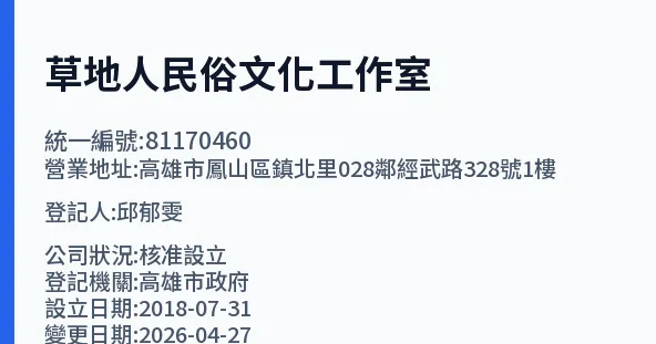 草地人民俗文化工作室的照片-統編 81170460(高雄市) 公司登記資料與營業項目詳細圖表