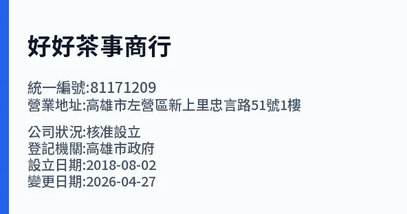 好好茶事商行的照片-統編 81171209(高雄市) 公司登記資料與營業項目詳細圖表