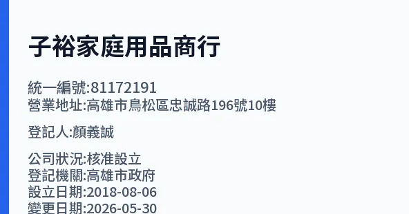 子裕家庭用品商行的照片-統編 81172191(高雄市) 公司登記資料與營業項目詳細圖表