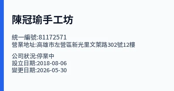 陳冠瑜手工坊的照片-統編 81172571(高雄市) 公司登記資料與營業項目詳細圖表