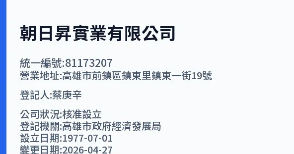 朝日昇實業有限公司的照片-統編 81173207(高雄市) 公司登記資料與營業項目詳細圖表