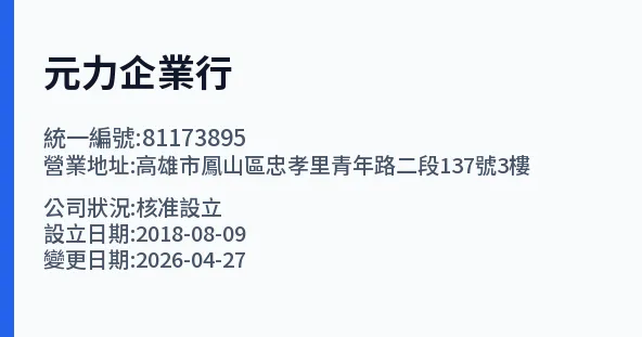 元力企業行的照片-統編 81173895(高雄市) 公司登記資料與營業項目詳細圖表