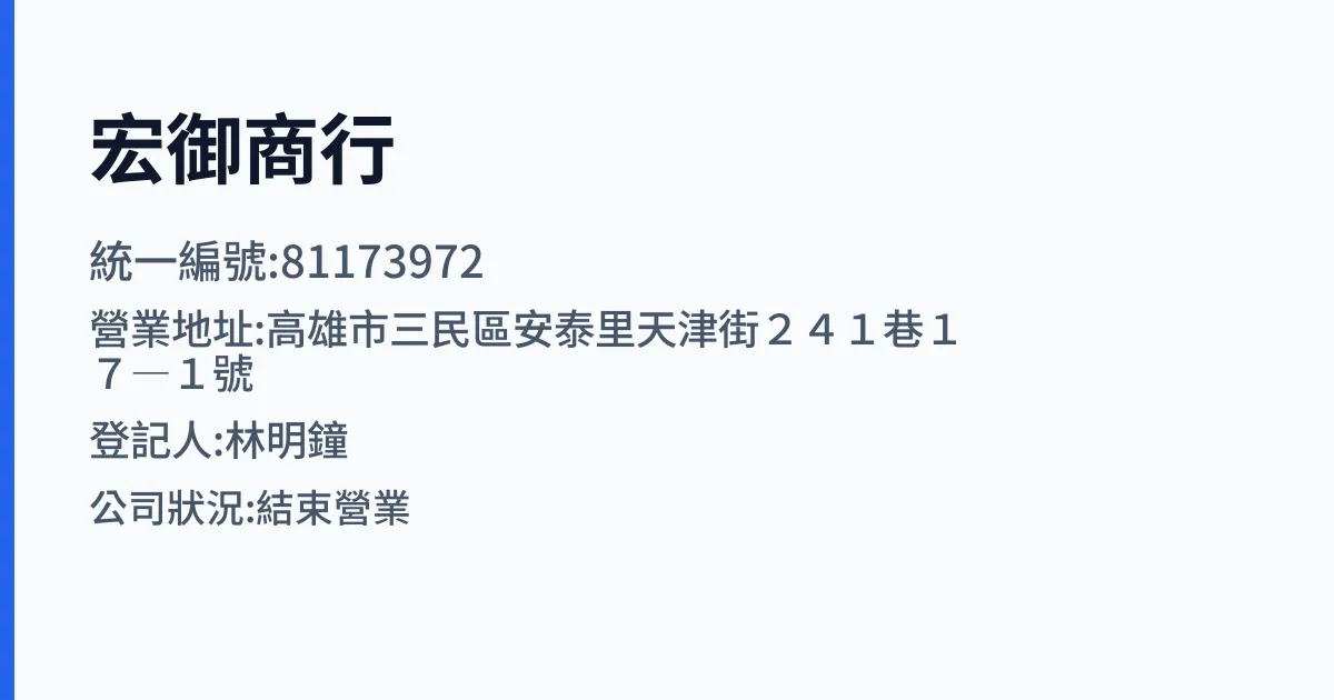 宏御商行 - 統編 81173972(高雄市) 公司登記資料與營業項目詳細圖表