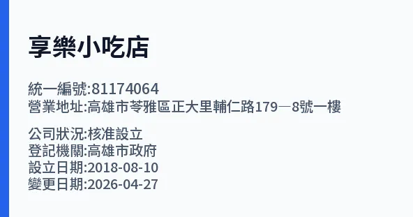 享樂小吃店的照片-統編 81174064(高雄市) 公司登記資料與營業項目詳細圖表