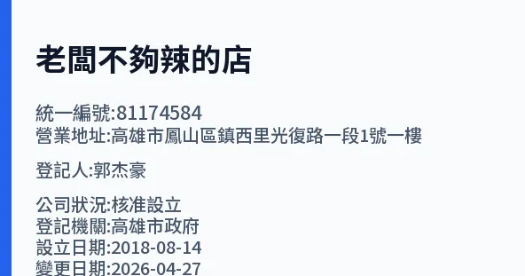 老闆不夠辣的店的照片-統編 81174584(高雄市) 公司登記資料與營業項目詳細圖表