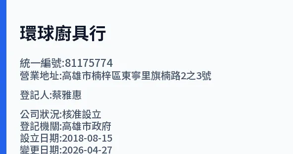 環球廚具行的照片-統編 81175774(高雄市) 公司登記資料與營業項目詳細圖表